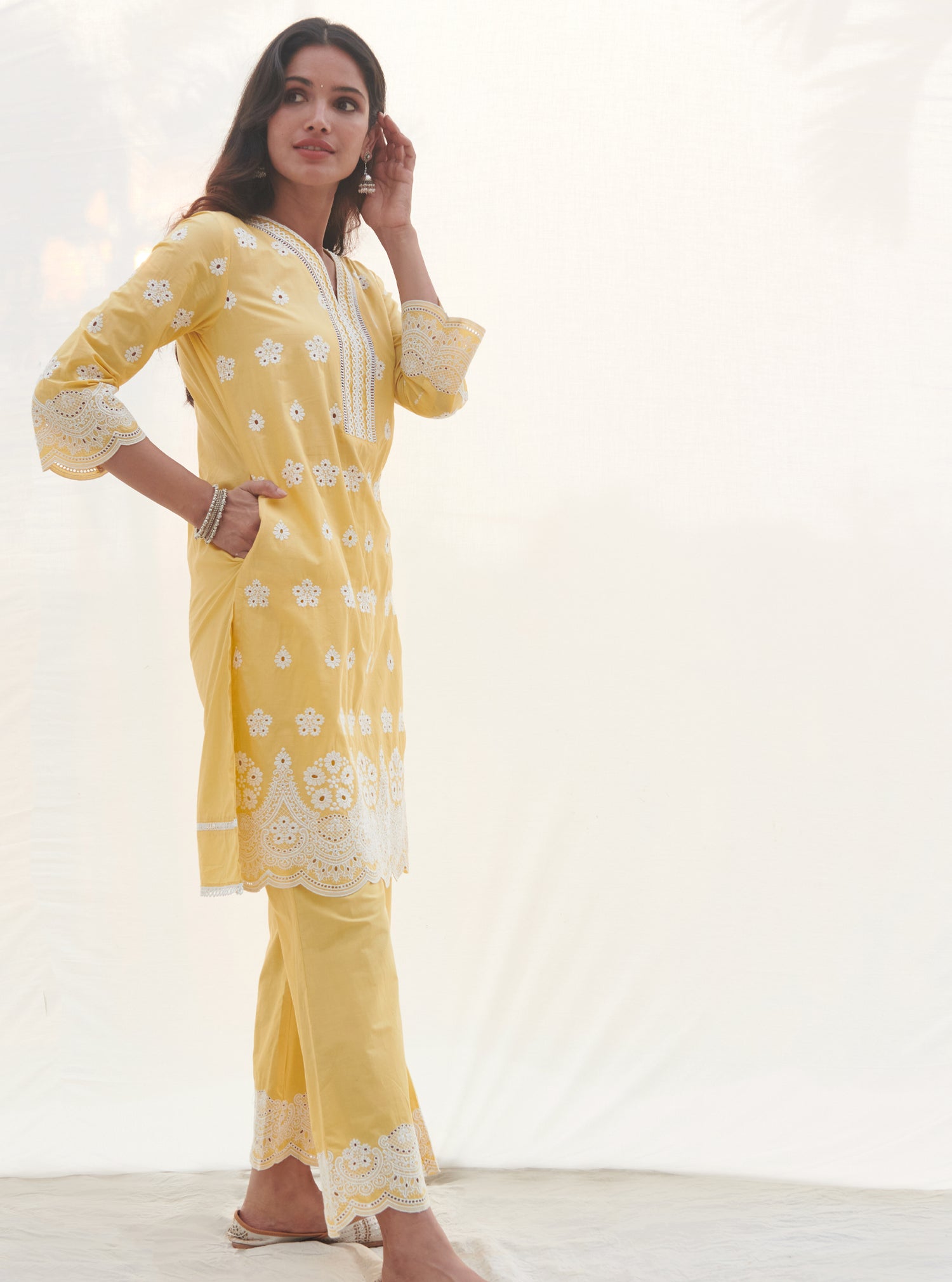 Mulmul Cotton Calvim Yellow Kurta With Mulmul Cotton Calvim Yellow Pan